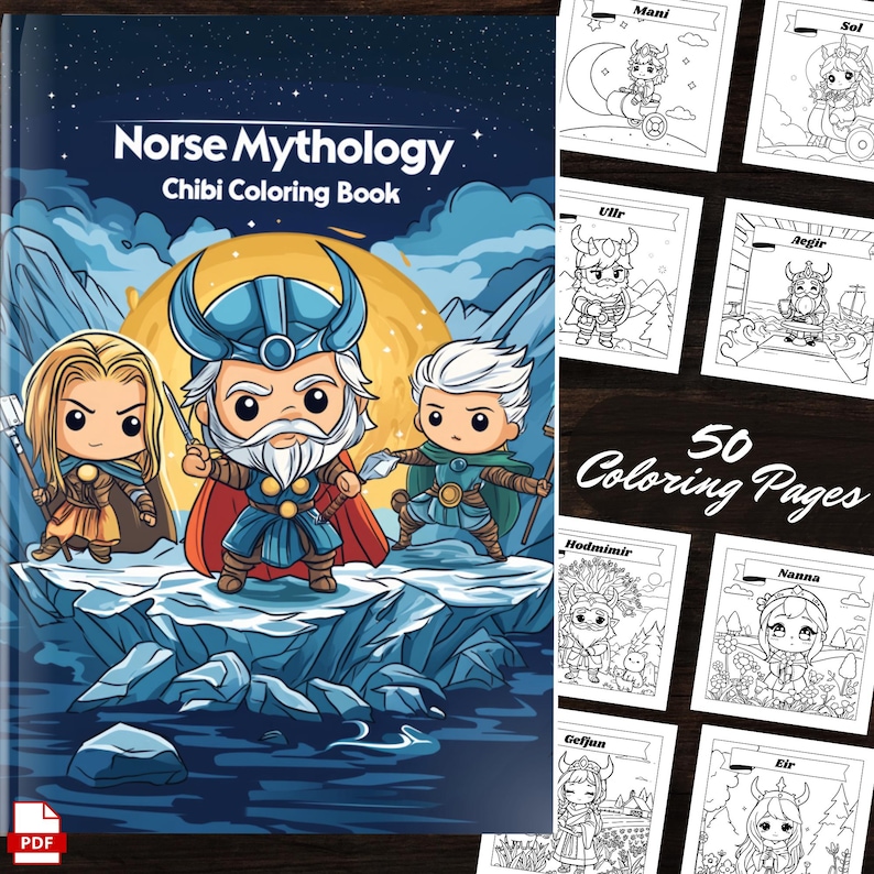 Norse Mythology Chibi Art Cute Coloring Book: 50 Line Art Coloring ...