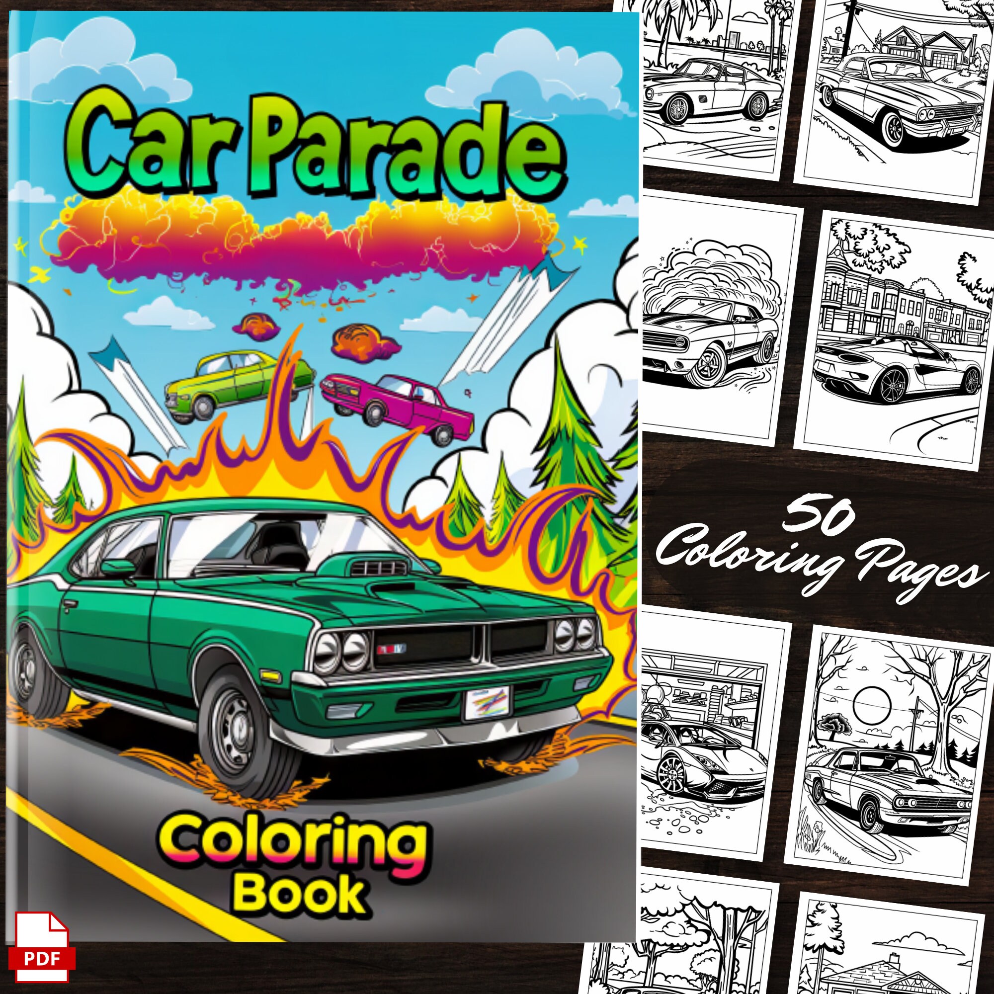 Car Parade Coloring Book: 50 Coloring Pages Luxury Cars & Classic Cards ...