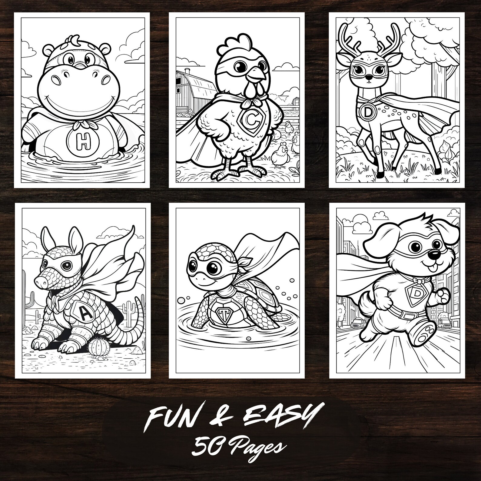 Cute Safari Superhero Animals Coloring Book: 50 Bold and Easy Coloring ...
