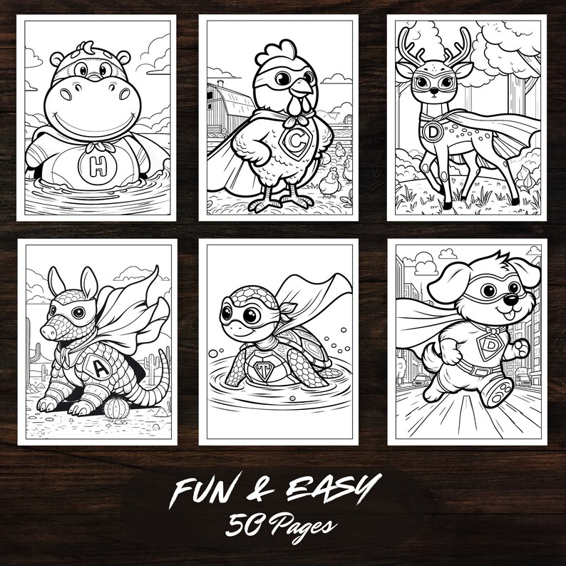 Cute Safari Superhero Animals Coloring Book: 50 Bold and Easy Coloring ...