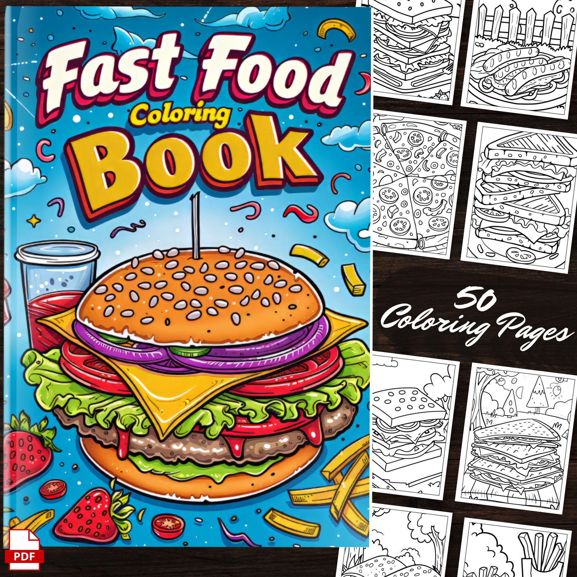 Fast Food Coloring Book: 50 Coloring Pages of Junk Food Drawing Cartoon ...