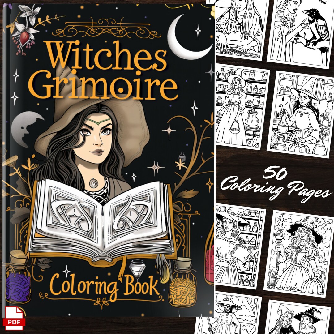 Witches Grimoire Coloring Book: 50 Witchy Printable Coloring Sheets ...