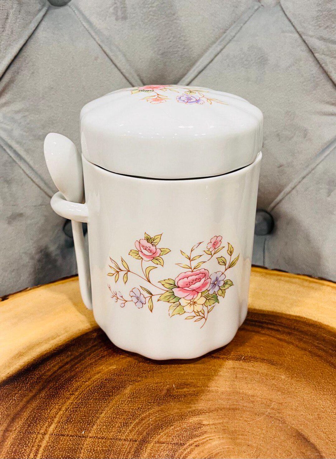 F.T.D.A. 1988 Taiwan Porcelain Jar Lid Spoon Set Flower Design Storage ...