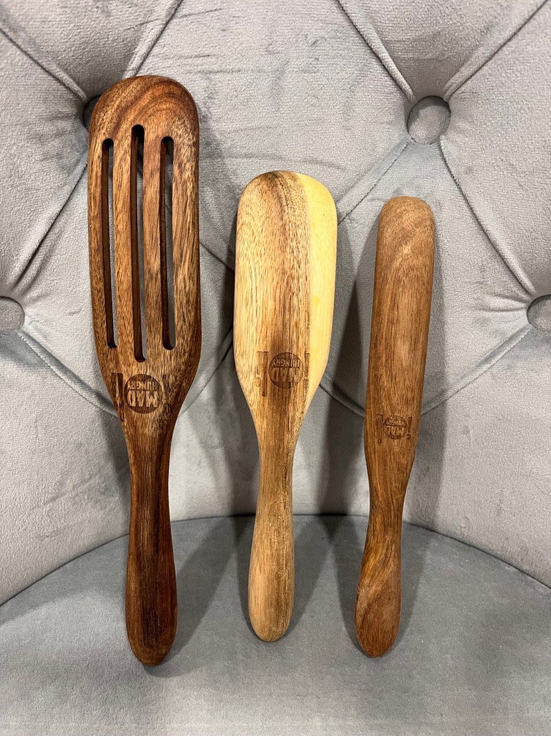 Set of Three Vintage Mad Hungry Acacia Wood Spurtle Kitchen Utensil ...