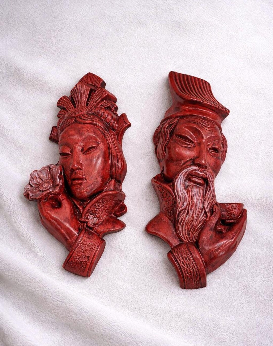 Vintage Asian Ceramic Wall Bust Set | Red Chinese Man & Woman Plaques ...