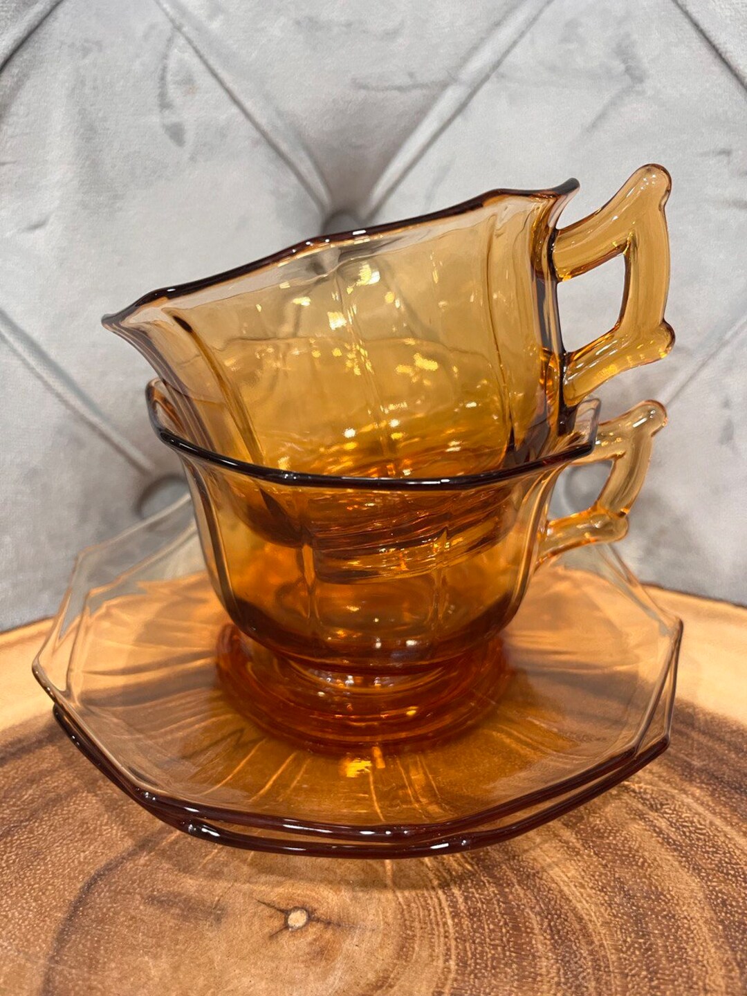 Set of Two Vintage Cambridge Glass Decagon Amber Tea Cups With Saucers ...