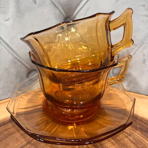 Set of Two Vintage Cambridge Glass Decagon Amber Tea Cups With Saucers ...
