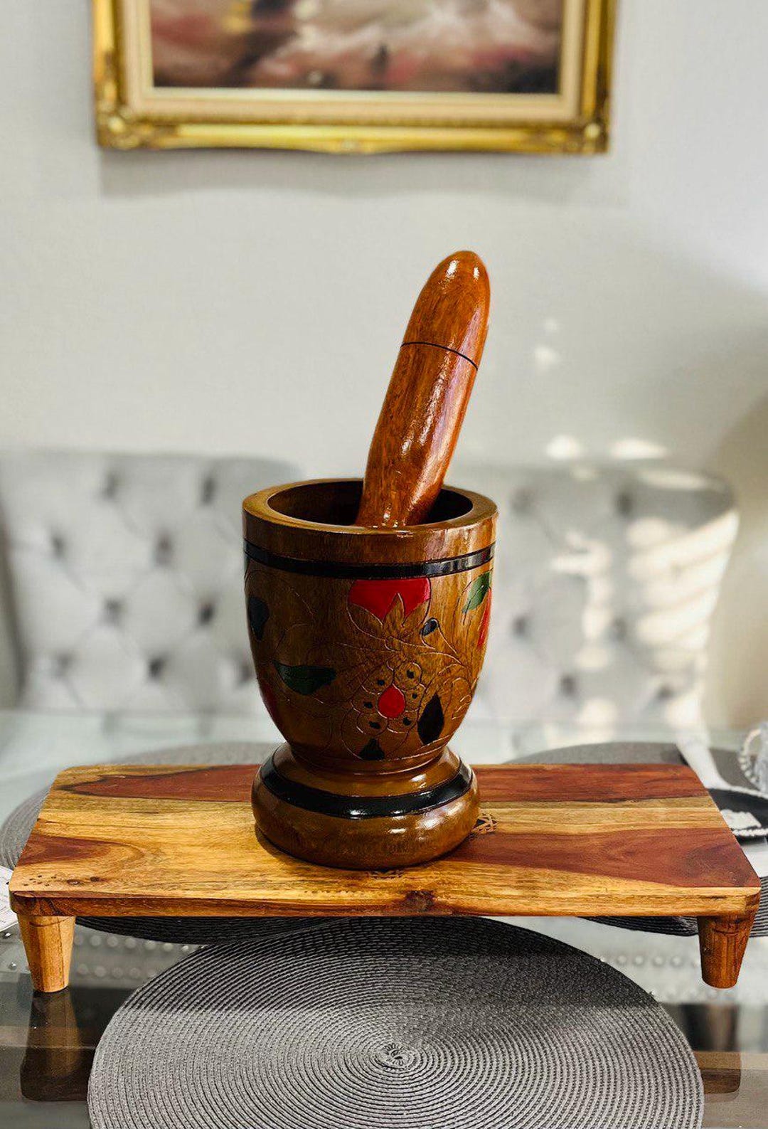 Vintage Large Handmade Wooden Mortar and Pestle Floral Design 9.5x7 ...