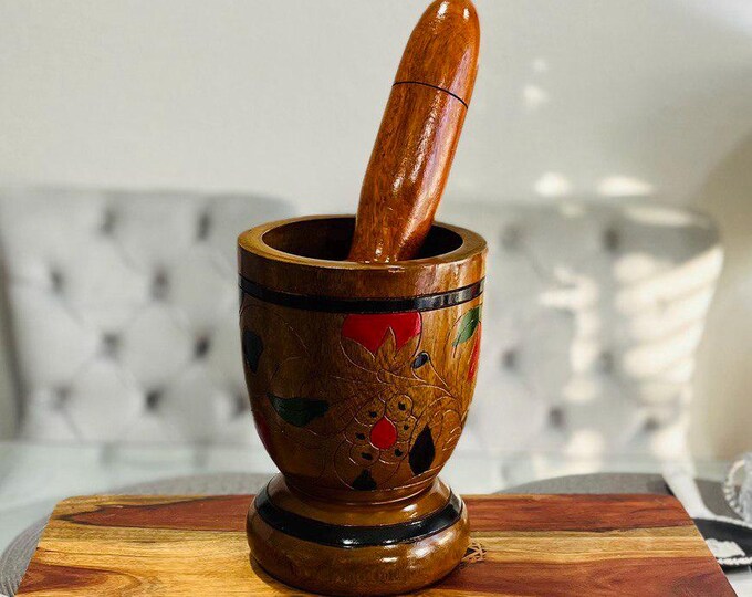 Vintage Large Handmade Wooden Mortar and Pestle Floral Design 9.5x7 ...