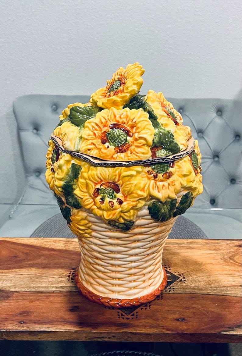 Vintage Ceramic Sunflower Basket Cookie Jar Hand Painted Canister 12