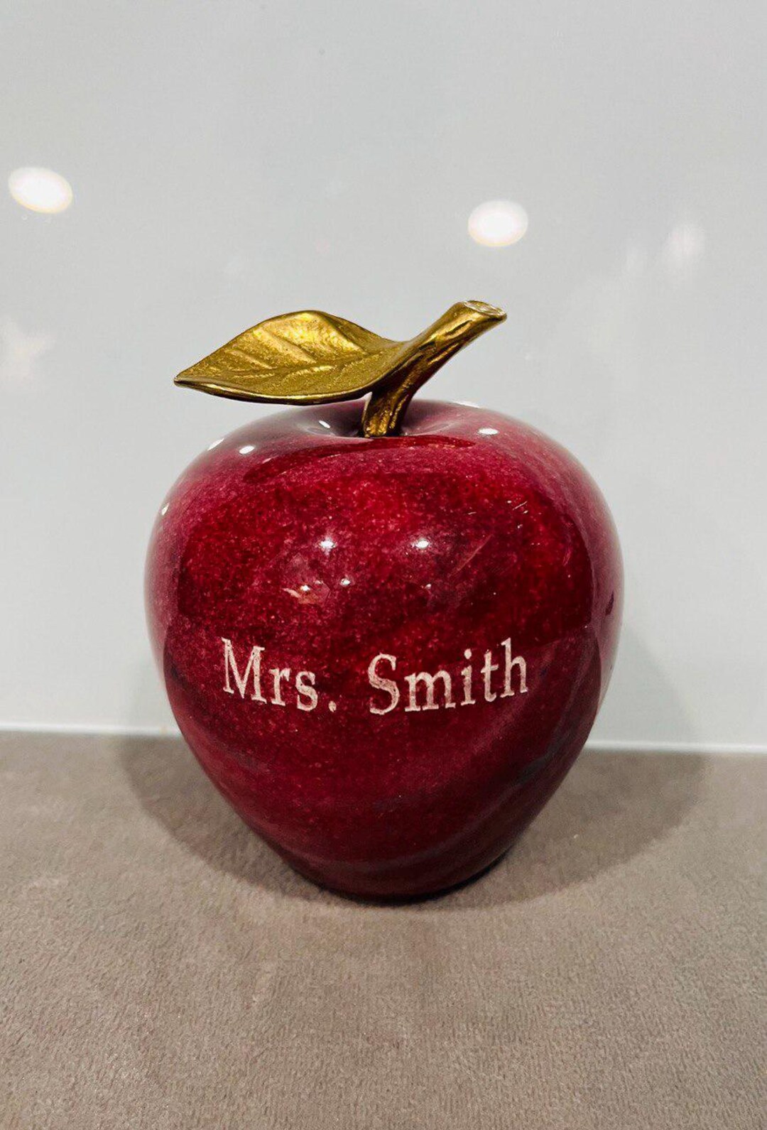 Vintage Alabaster Polished Marble Red Apple Paperweight Applied Brass ...