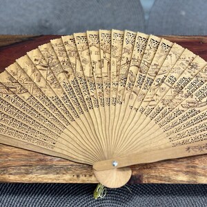 Vintage Wood Hand Fan Delicate Craft Work Village Design 9" - Etsy