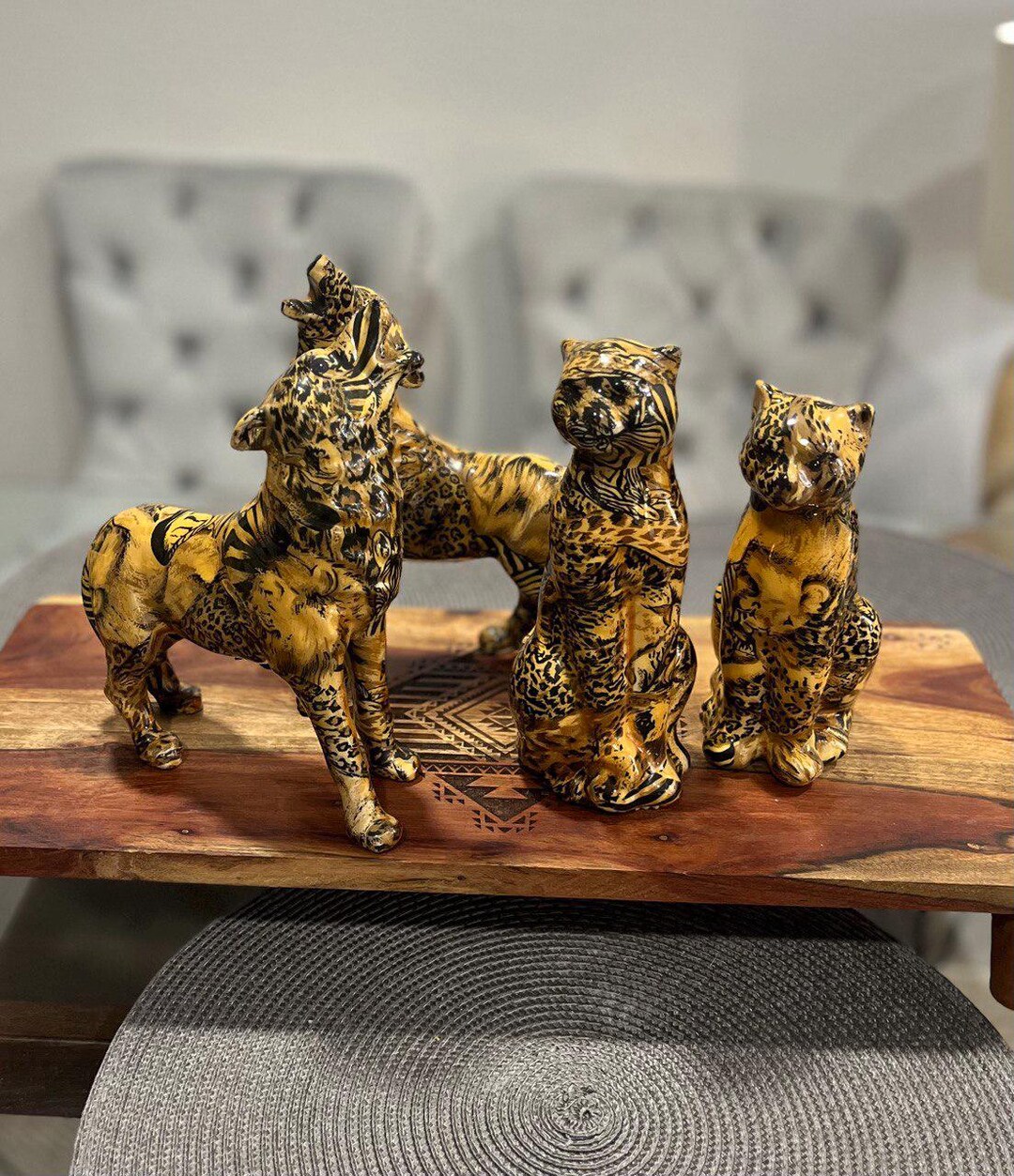 Set of Two Ceramic Safari Figurines La Vie Patchwork Decoupage Cats ...