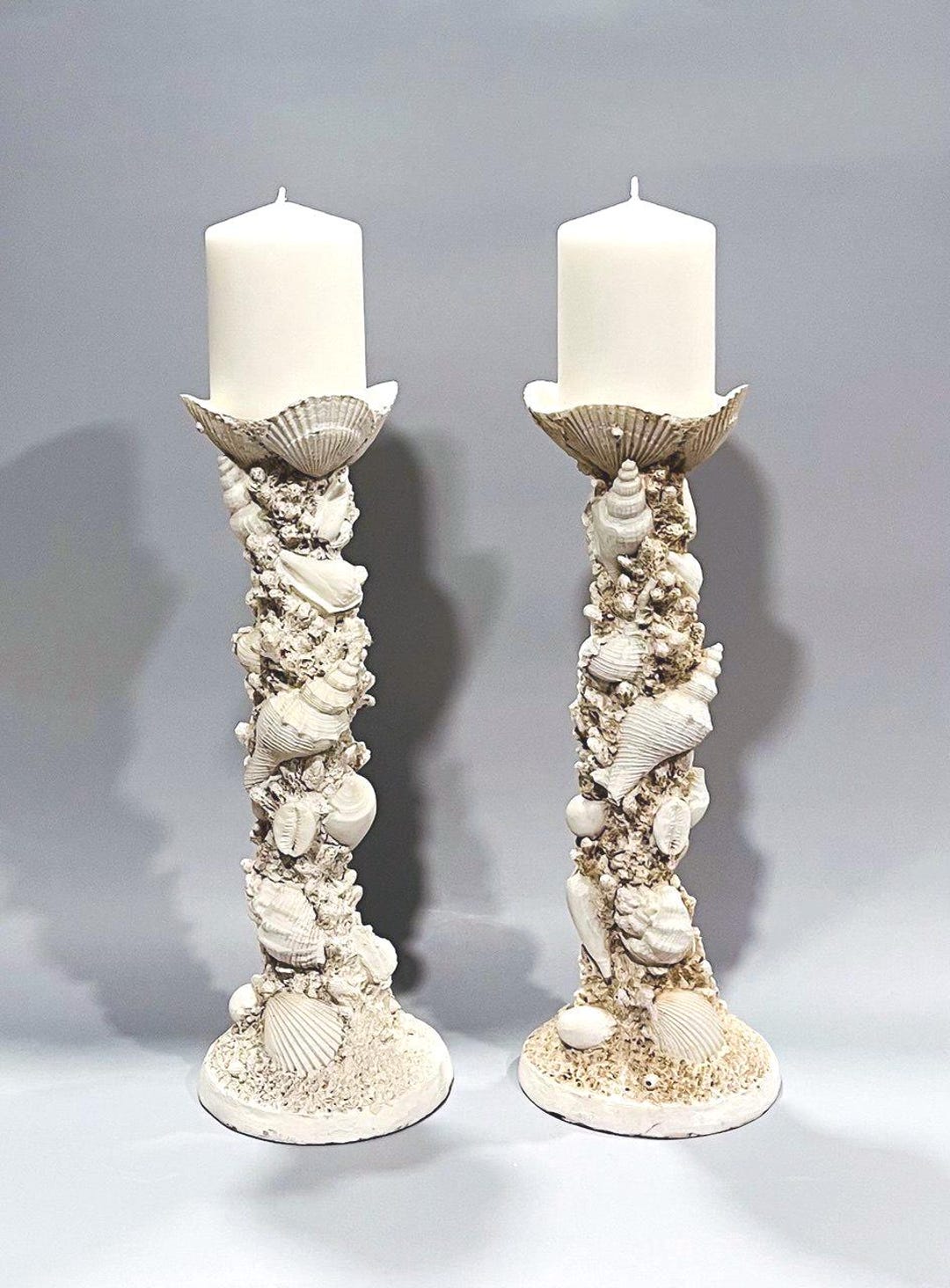 Set of 2 Tall Resin Seashell-encrusted Pillar Candleholders | 14" X 5 ...