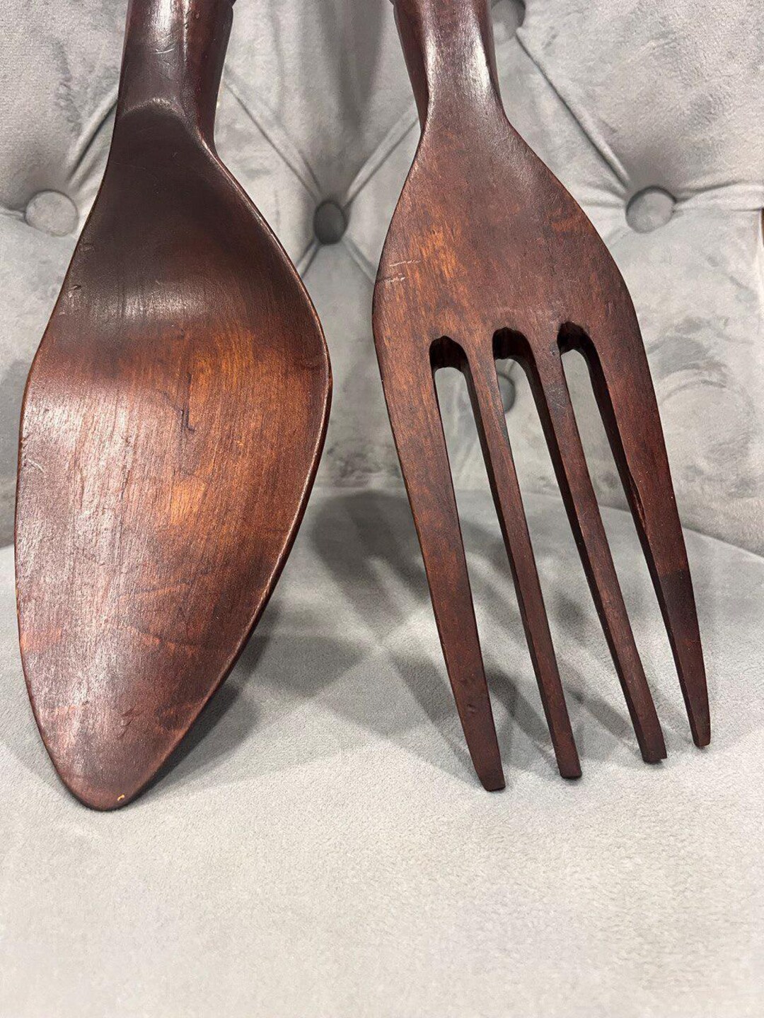 Mid 20th Century Hand Carved Tall Solid Wood Hanging Fork and Spoon Set ...