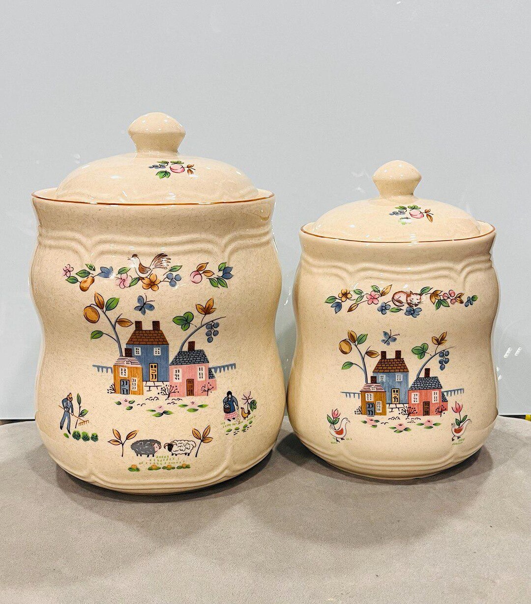 Set of Two Heartland International Stoneware Cookie Jars Village Kitchen Canisters Containers ...
