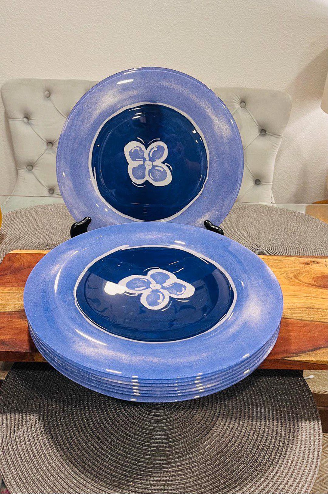 Set of 8 Arcoroc Reflect Arcopal Dinner Plates Blue Navy White Abstract ...