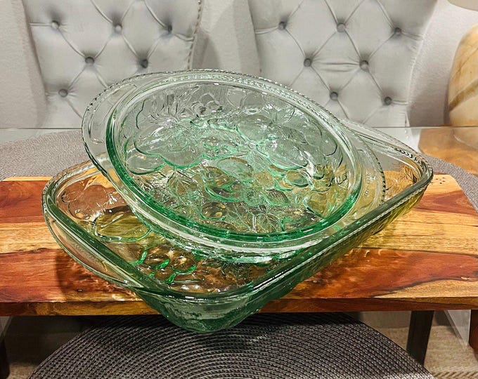 Set of Two Vintage Libbey Orchard Fruit Embossed Green Glass Casserole ...