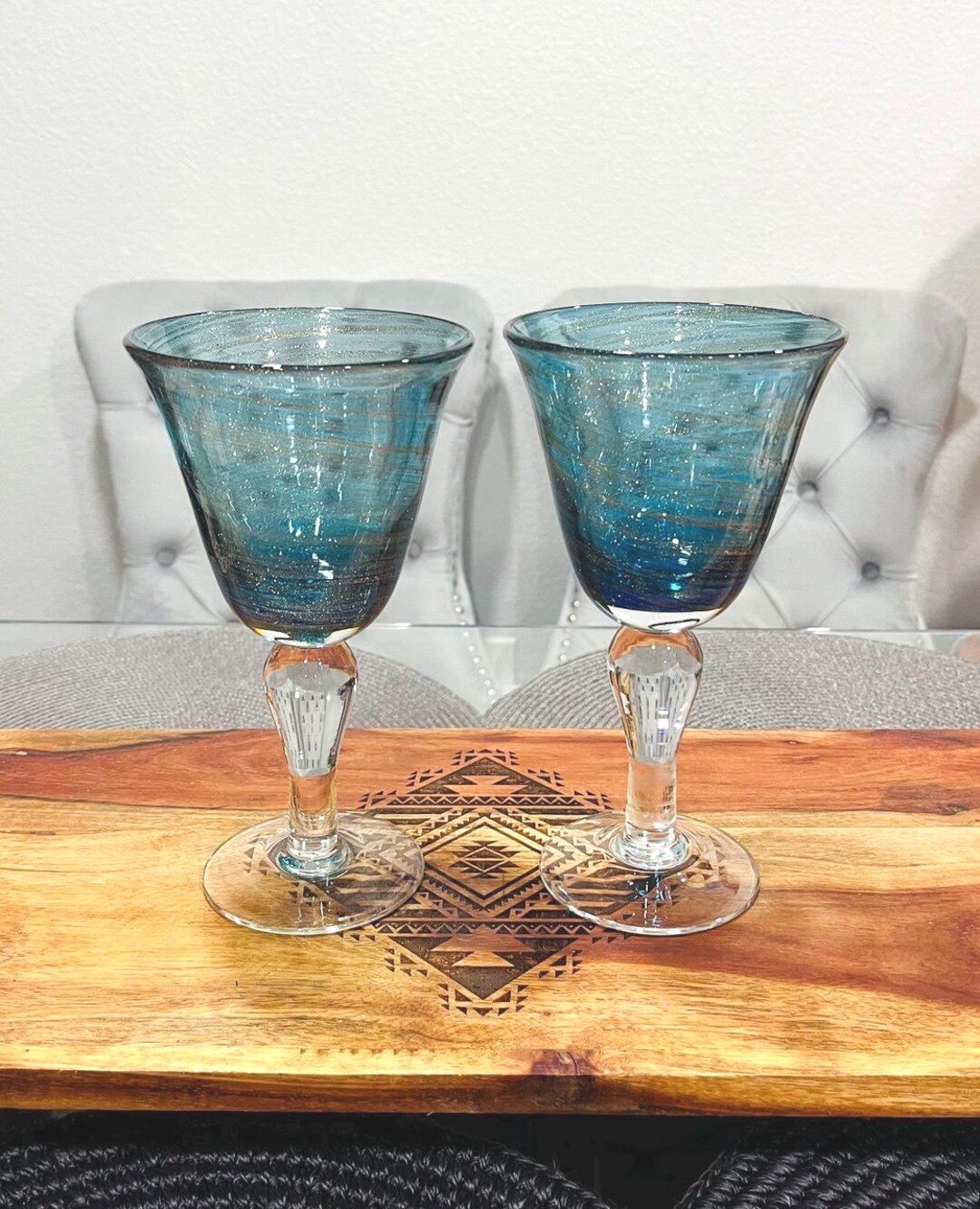Pier 1 Handblown Blue Goblets With Rose Gold Speckles - Set of 2 - Etsy