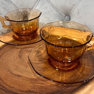 Set of Two Vintage Cambridge Glass Decagon Amber Tea Cups With Saucers ...
