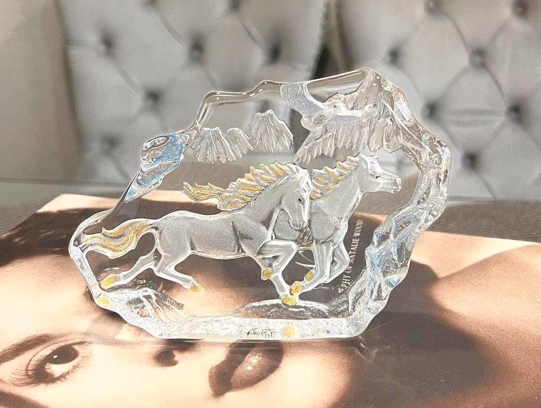Vintage Crystal Paperweight: Etched Running Horses & Eagle Art Glass - Etsy