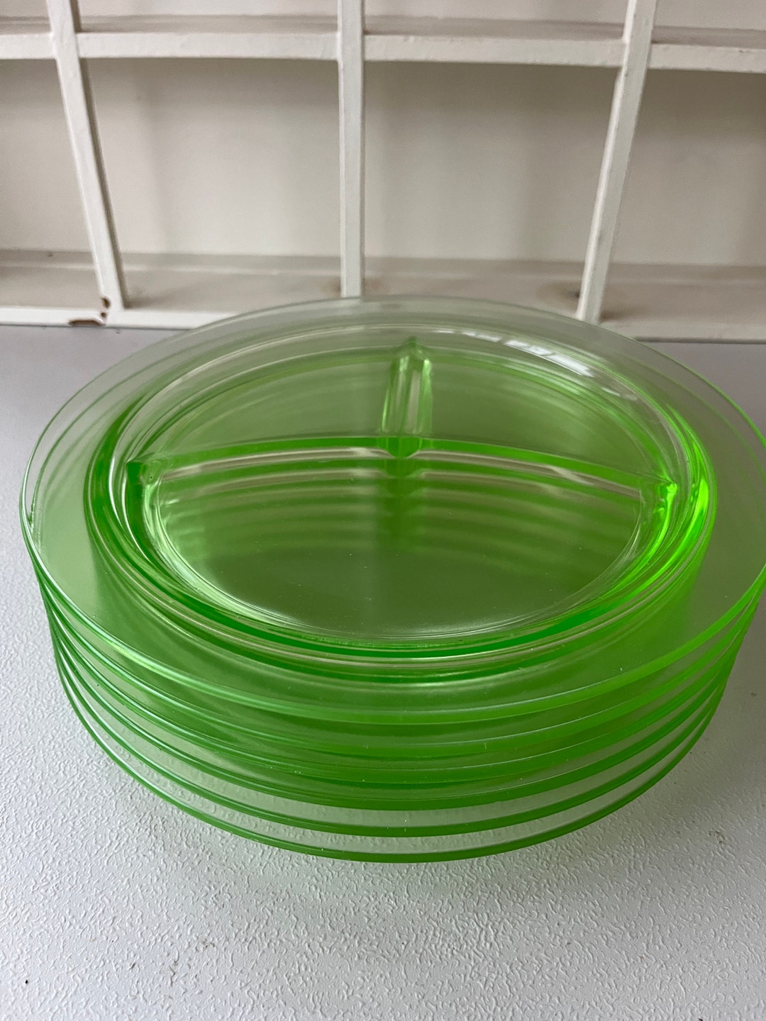 Set of Six Green Uranium Glass Divided Plates / Sectional Glass Plates ...
