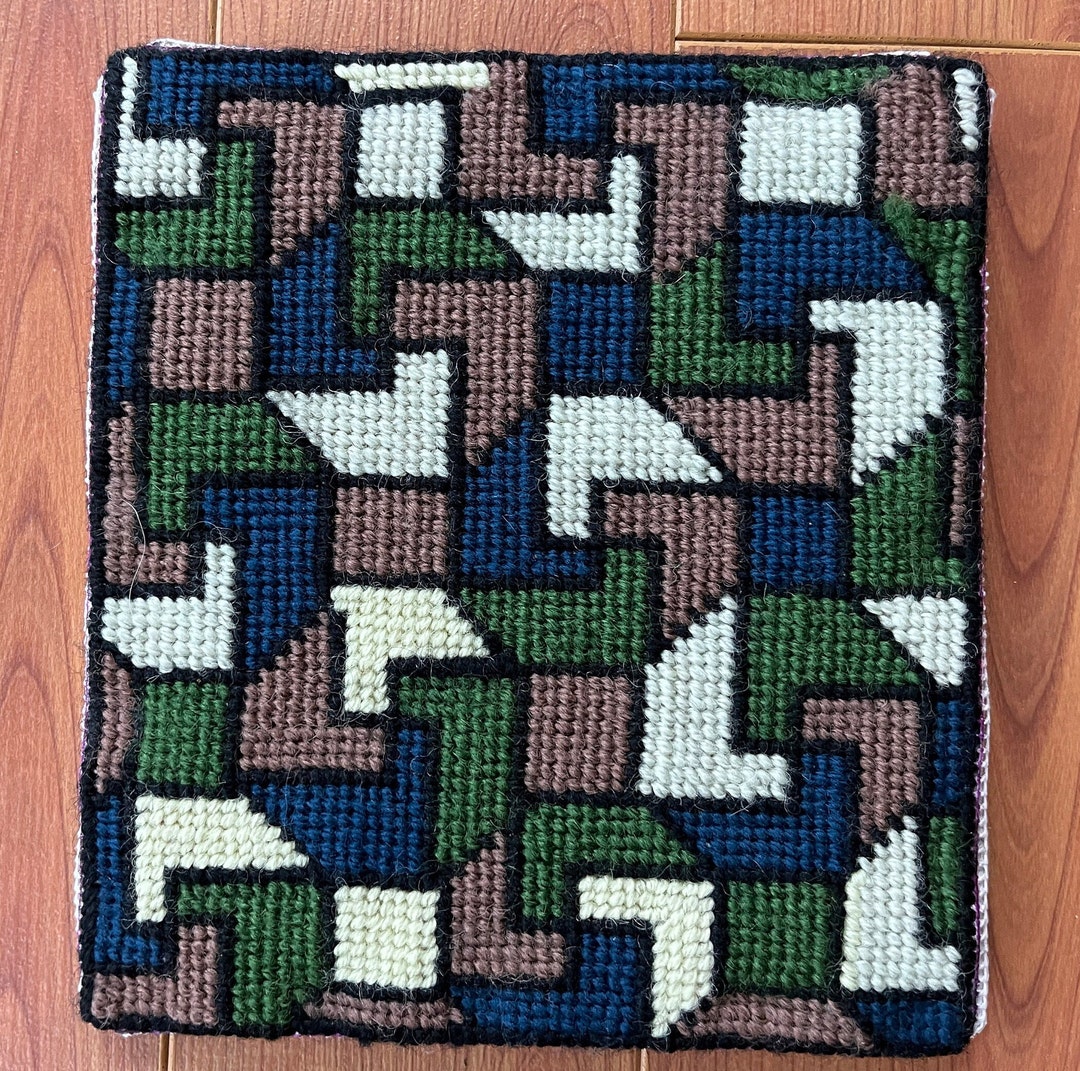 Fantastic Geometric Pattern Needlepoint in Green, Blue, Brown and White ...
