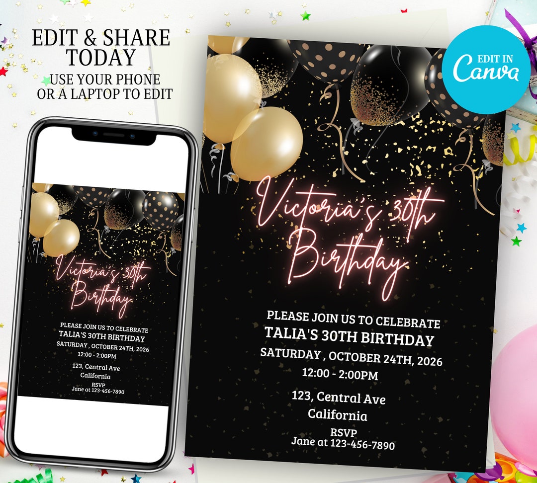 Editable Modern Birthday Party Invitation Template Black and Pink Adult ...