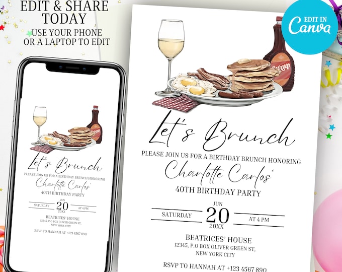 Editable Brunch Invitation, Let's Brunch, Brunch and Bubbly, Birthday ...