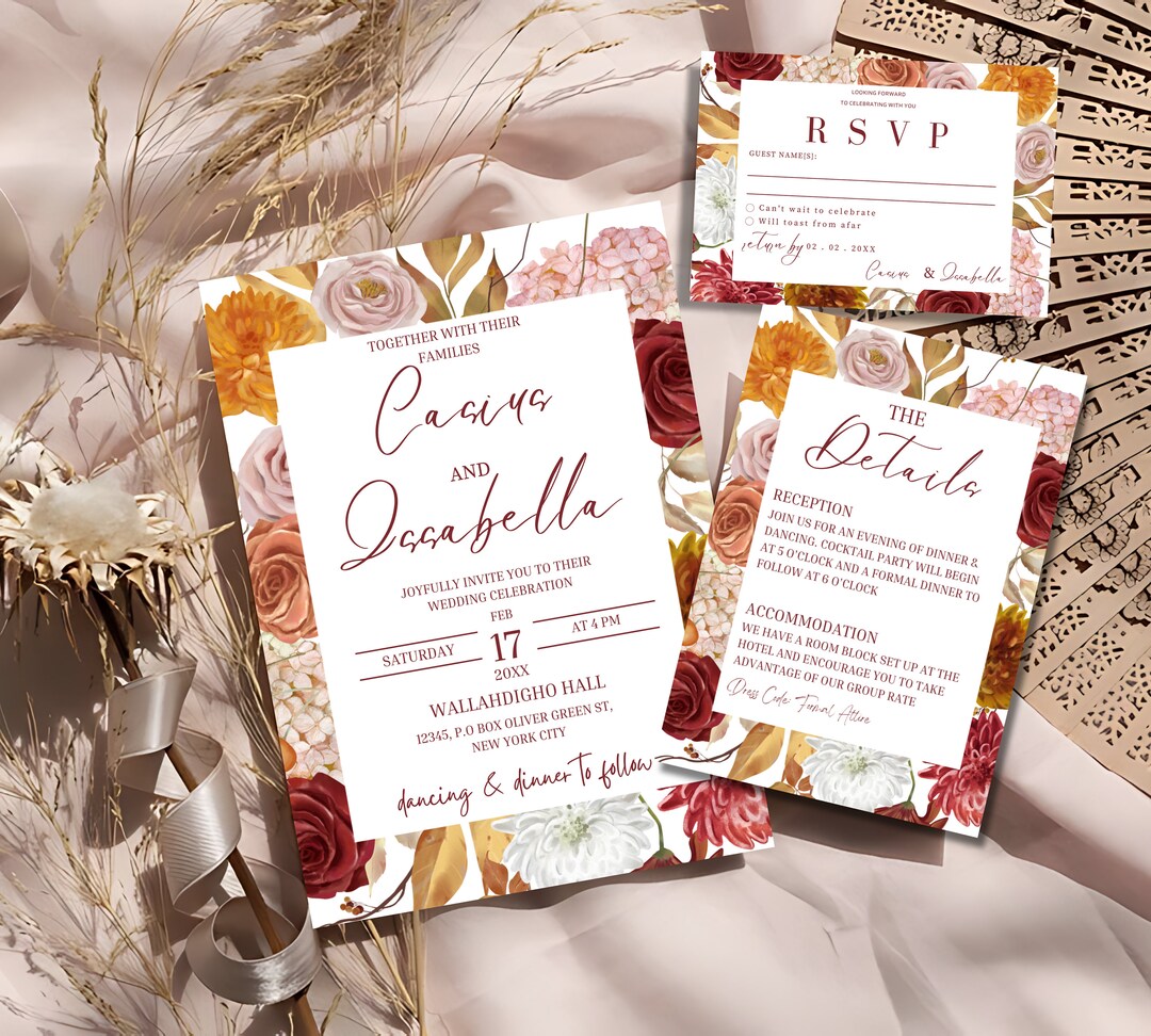 Orange and Beige Floral Wedding Invitation Suite Bouquet Wedding ...