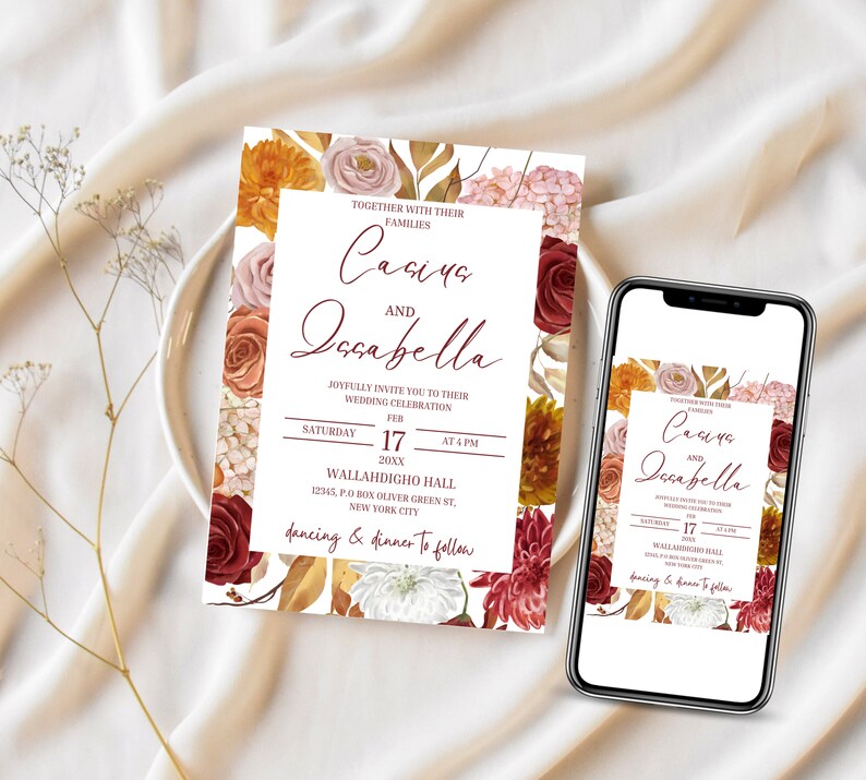 Orange and Beige Floral Wedding Invitation Suite Bouquet Wedding ...