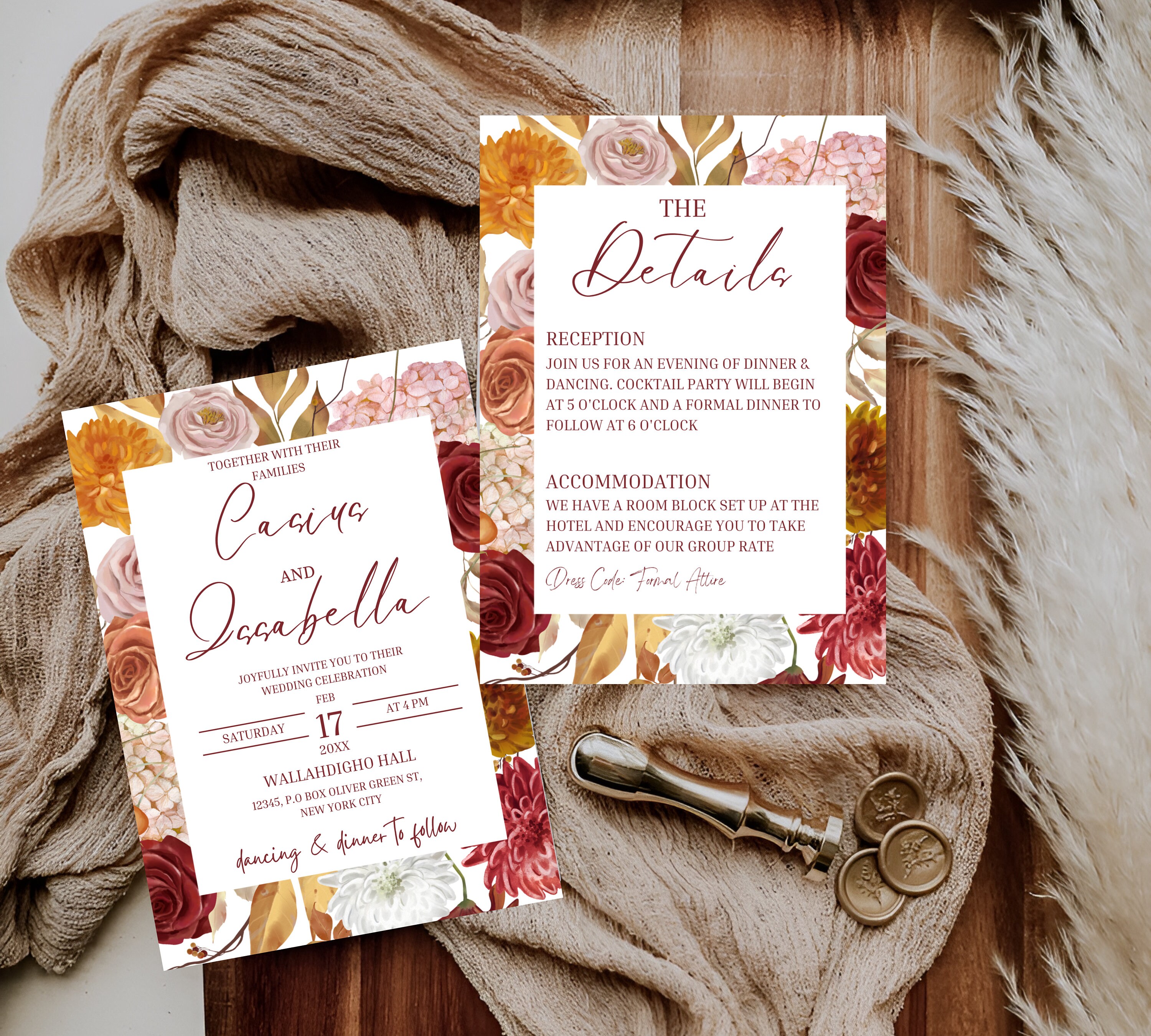 Orange and Beige Floral Wedding Invitation Suite Bouquet Wedding ...