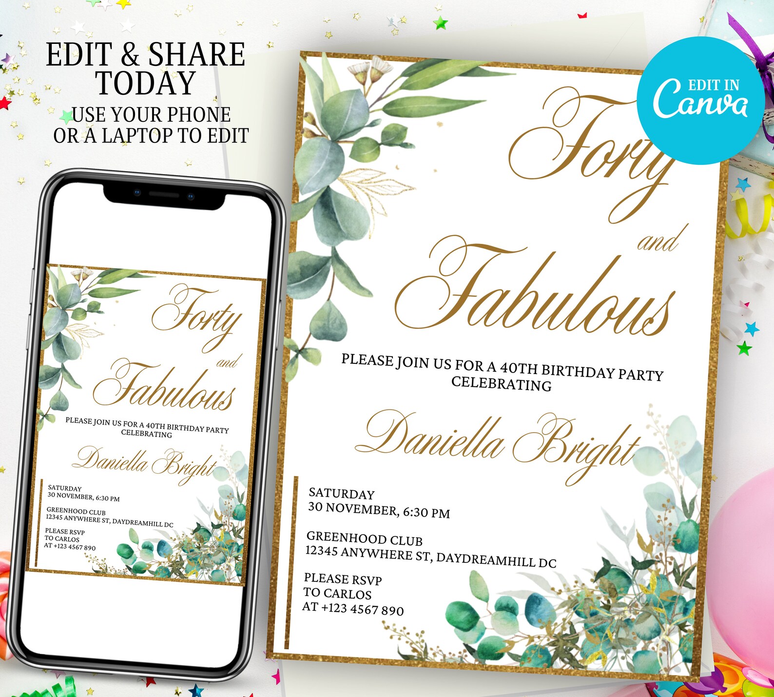 Editable Gold Eucalyptus Birthday Invitation 40th Greenery Adult ...