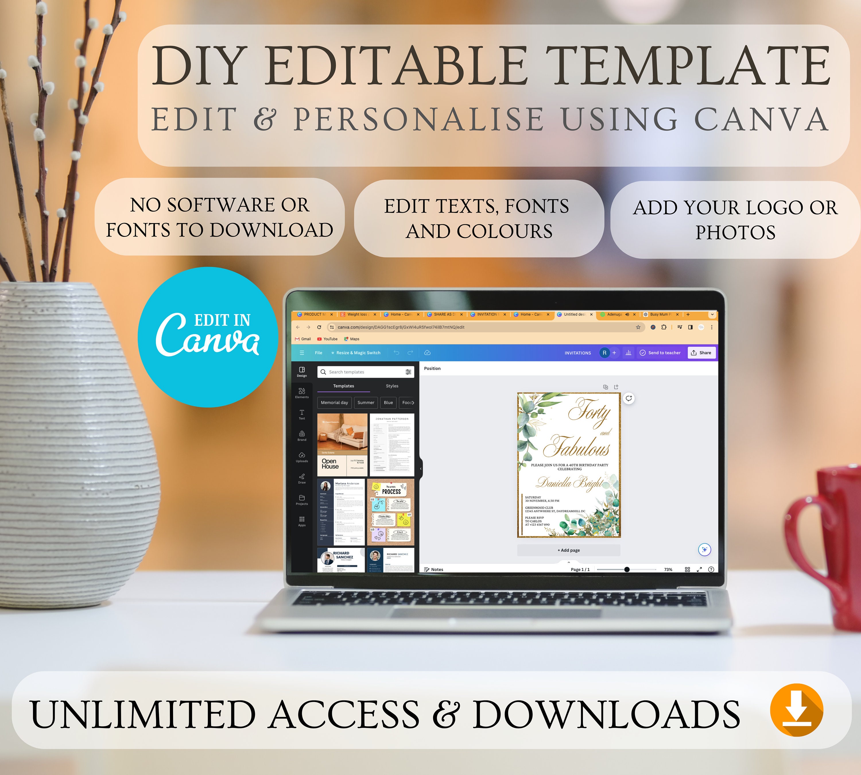 Editable Gold Eucalyptus Birthday Invitation 40th Greenery Adult ...