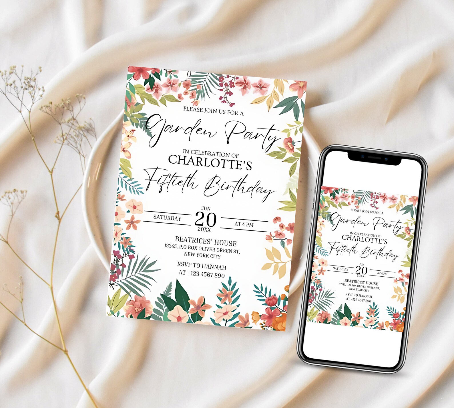 Garden Party Invitation Template Folk Wildflower Watercolor Floral ...