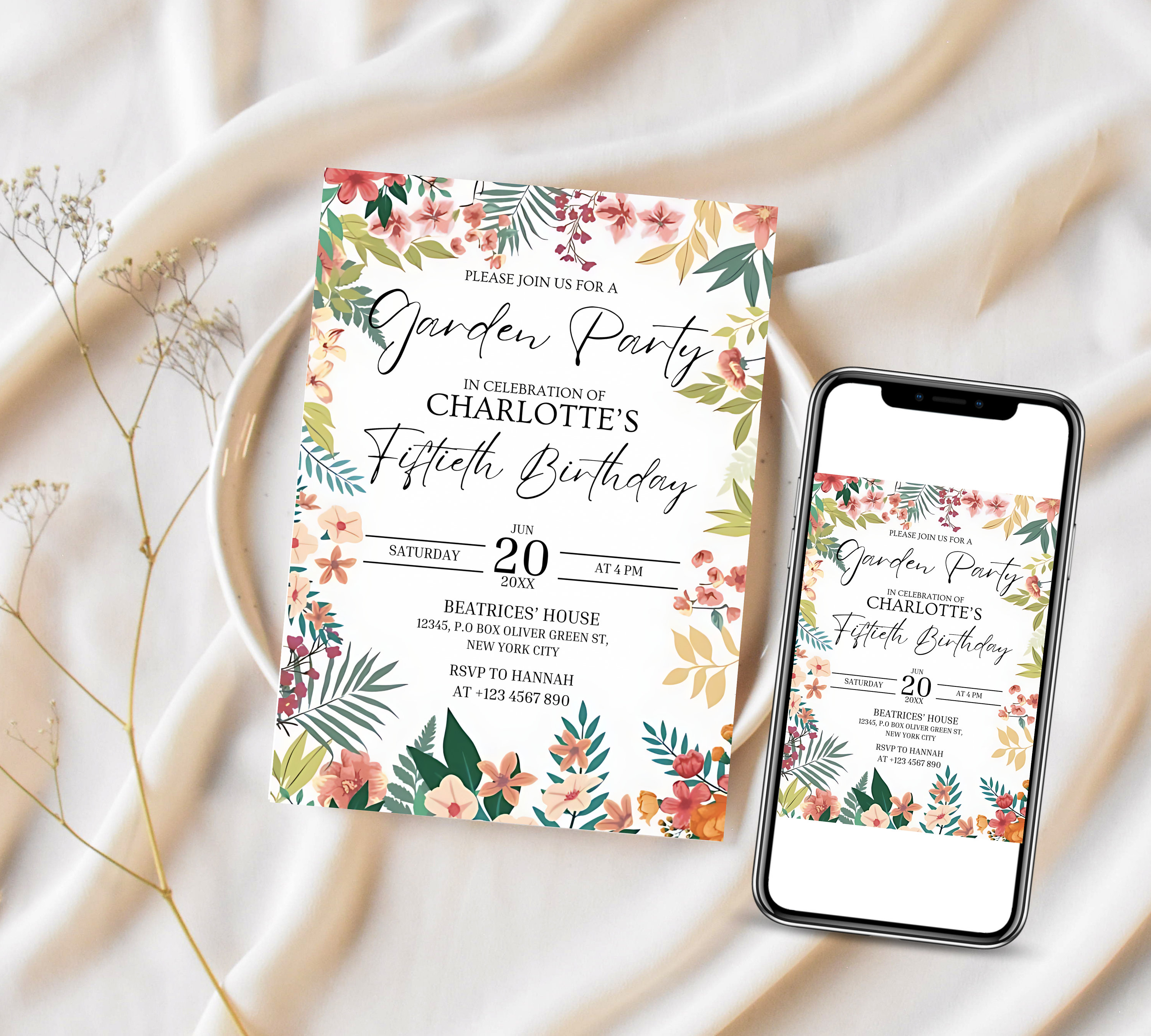 Garden Party Invitation Template Folk Wildflower Watercolor Floral ...