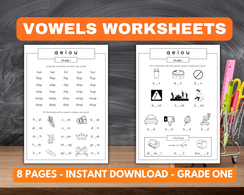 Grade 1 Vowel Worksheets, Phonics, Fill in the Blanks, Writing ...
