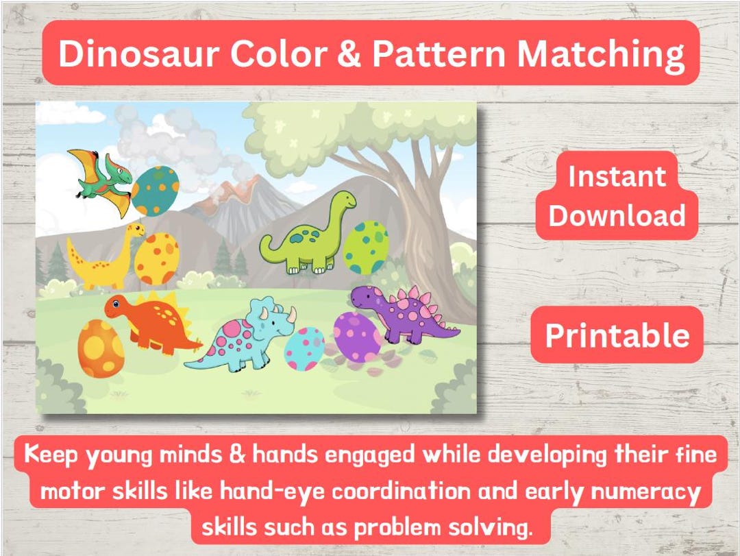 Interactive Dinosaur Color & Pattern Matching Worksheets, Boost Early ...