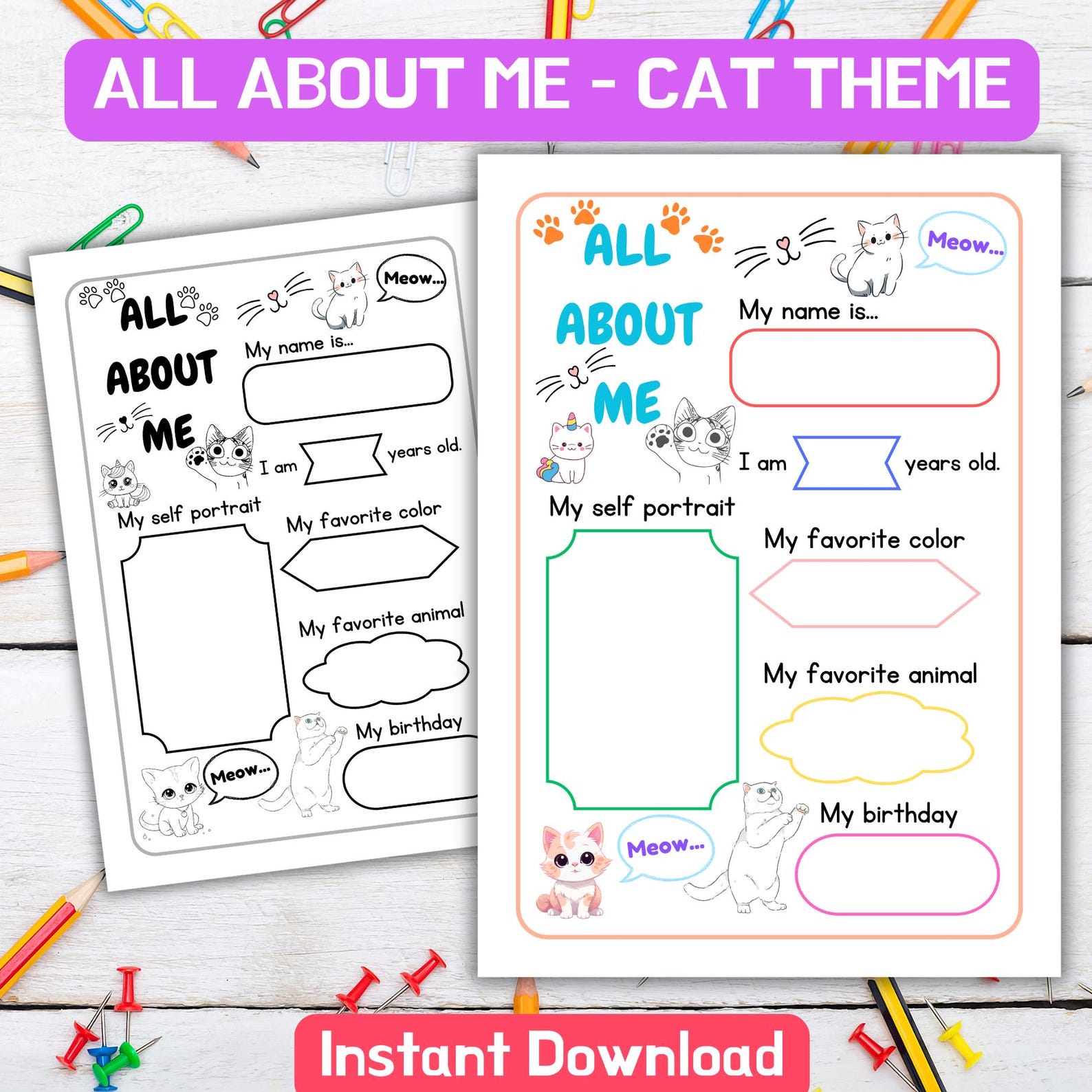 Cat Theme All About Me Worksheet for Kids, Fun First Day of School ...
