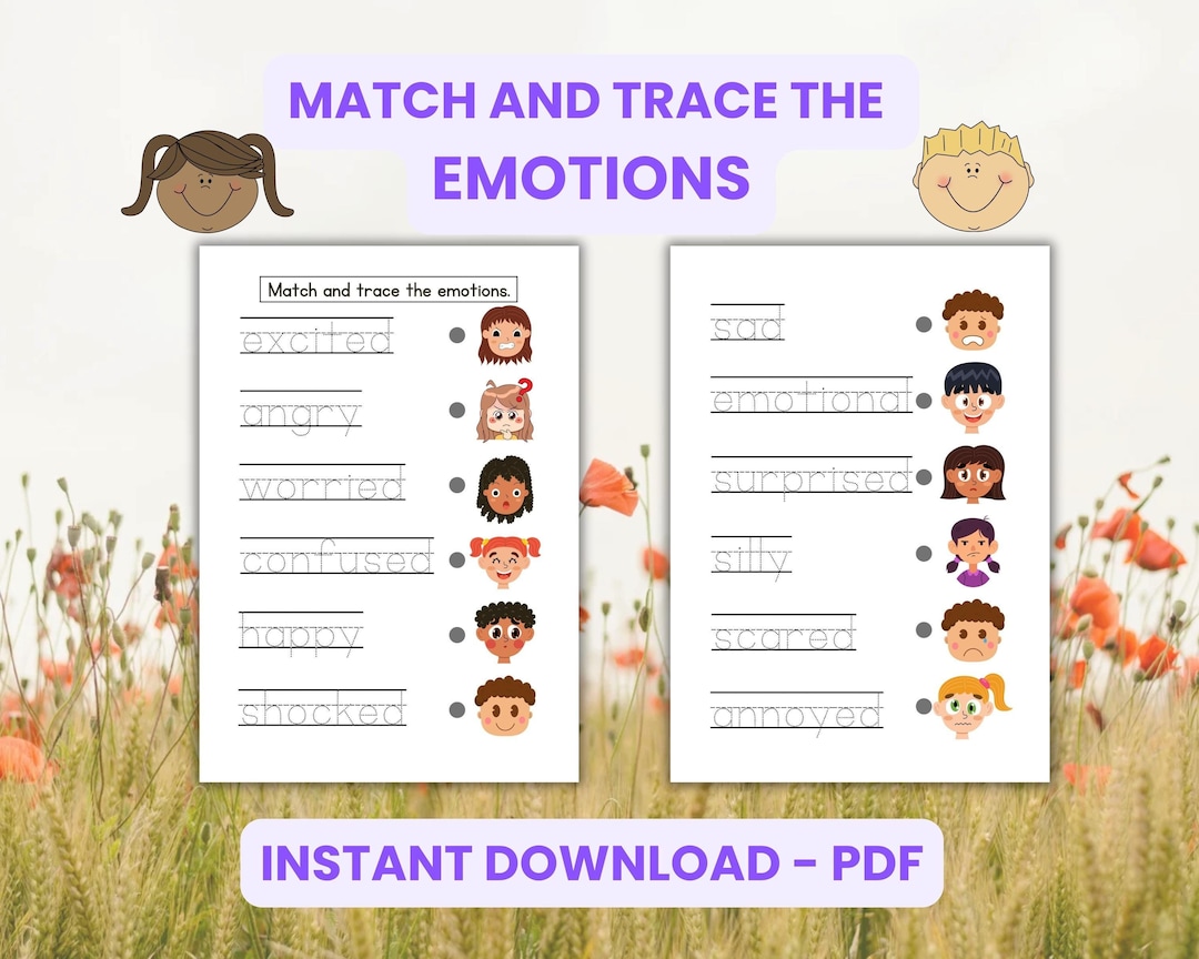 Match and Trace the Emotions, Matching & Tracing Worksheet for Kids ...