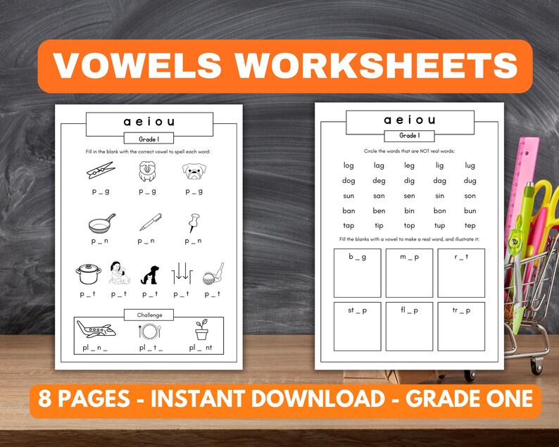Grade 1 Vowel Worksheets, Phonics, Fill in the Blanks, Writing ...
