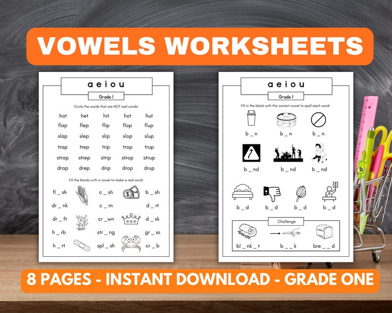 Grade 1 Vowel Worksheets, Phonics, Fill in the Blanks, Writing ...