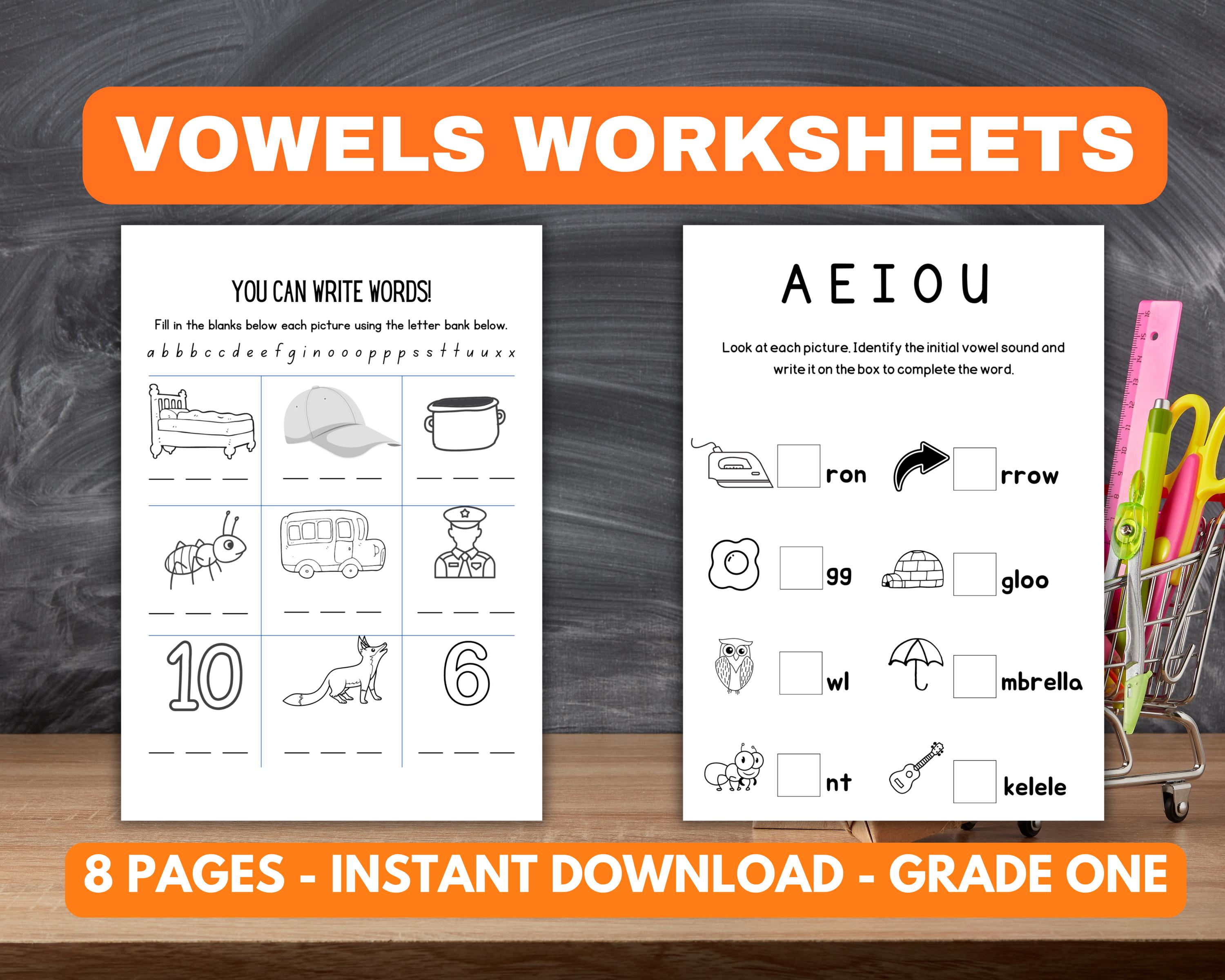 Grade 1 Vowel Worksheets, Phonics, Fill in the Blanks, Writing ...