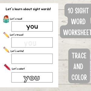10 Sight Words Worksheets for Kids,read, Trace,write,color,sight Word ...
