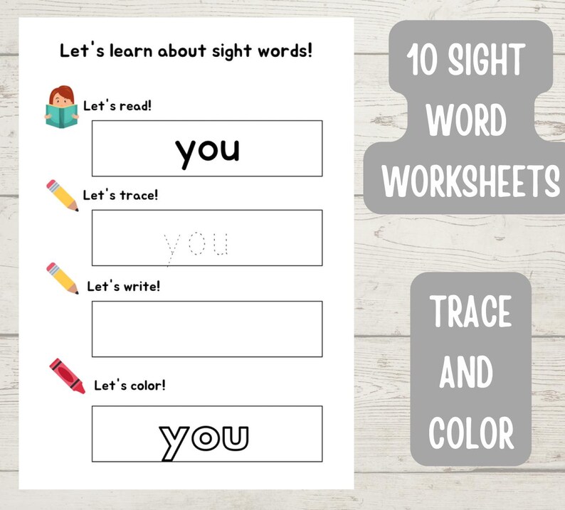 10 Sight Words Worksheets for Kids,read, Trace,write,color,sight Word ...