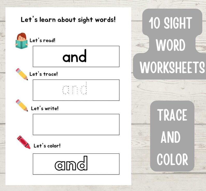 10 Sight Words Worksheets for Kids,read, Trace,write,color,sight Word ...