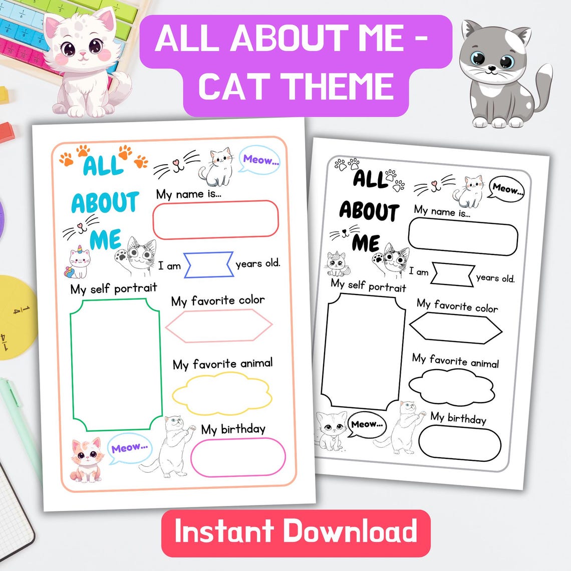 Cat Theme All About Me Worksheet for Kids, Fun First Day of School ...
