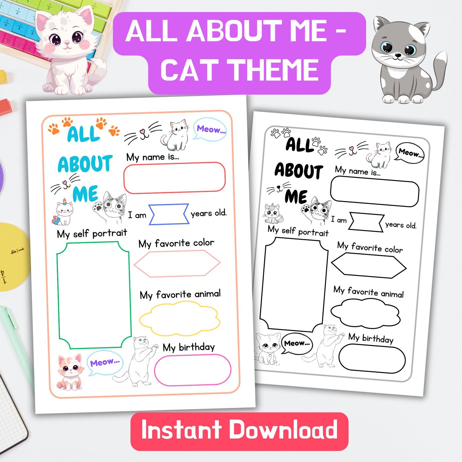 Cat Theme All About Me Worksheet for Kids, Fun First Day of School ...