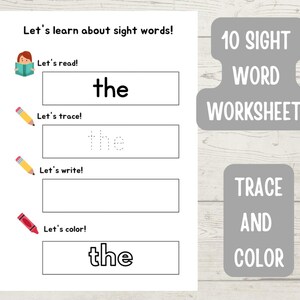 10 Sight Words Worksheets for Kids,read, Trace,write,color,sight Word ...