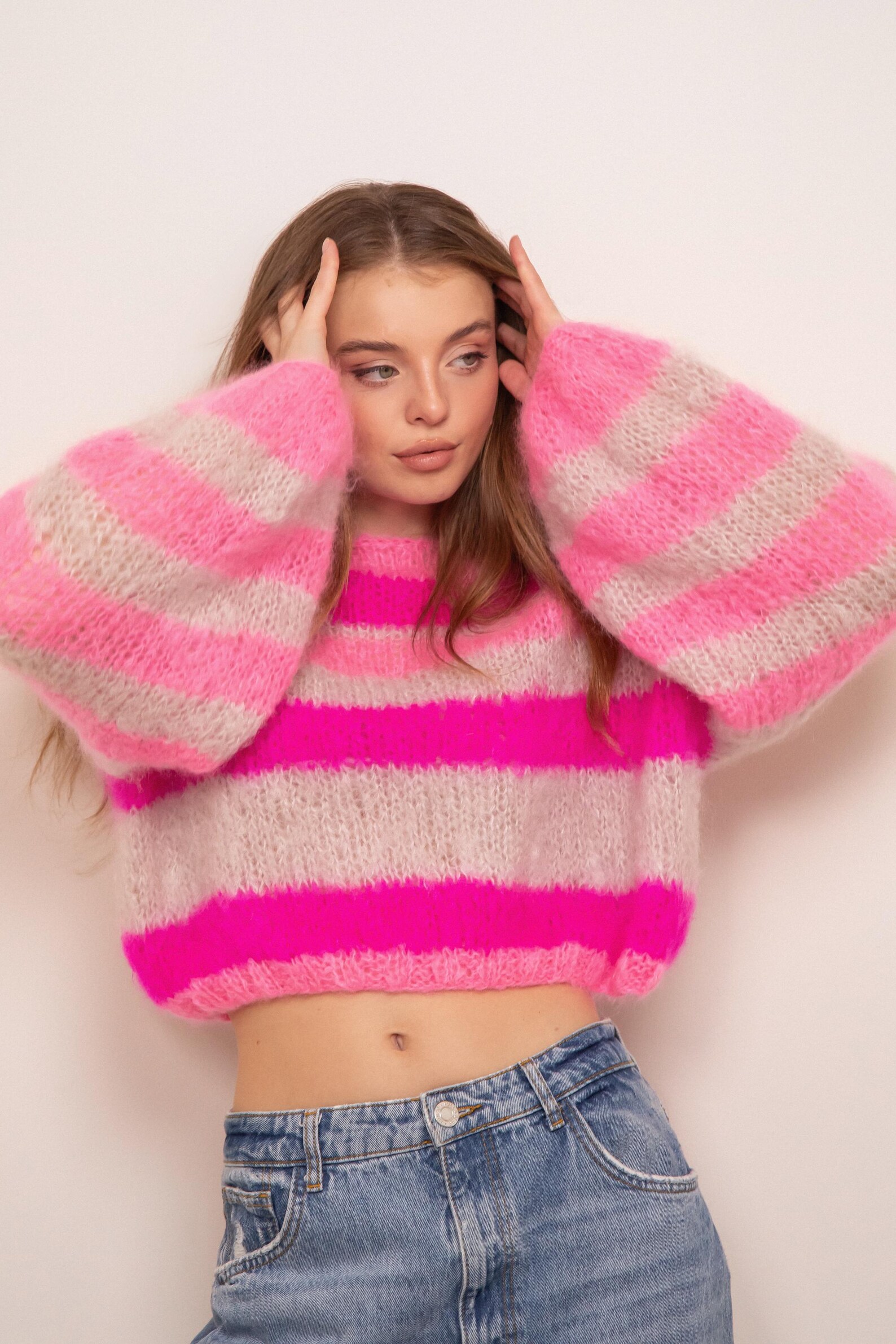 Handknit Striped Mohair Sweater – Fluffy Cropped Pullover With Balloon ...